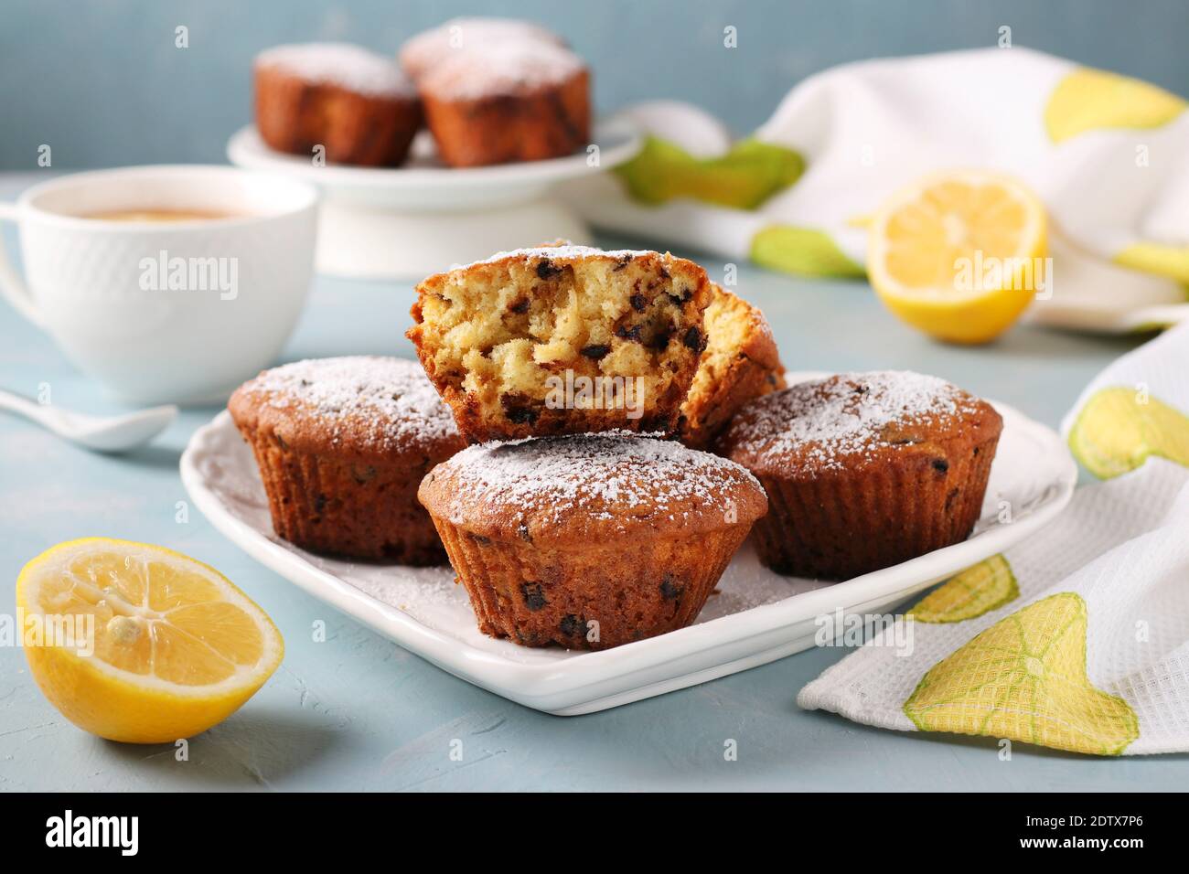 Homemade lemon muffins with chocolate on a white plate on a light blue ...