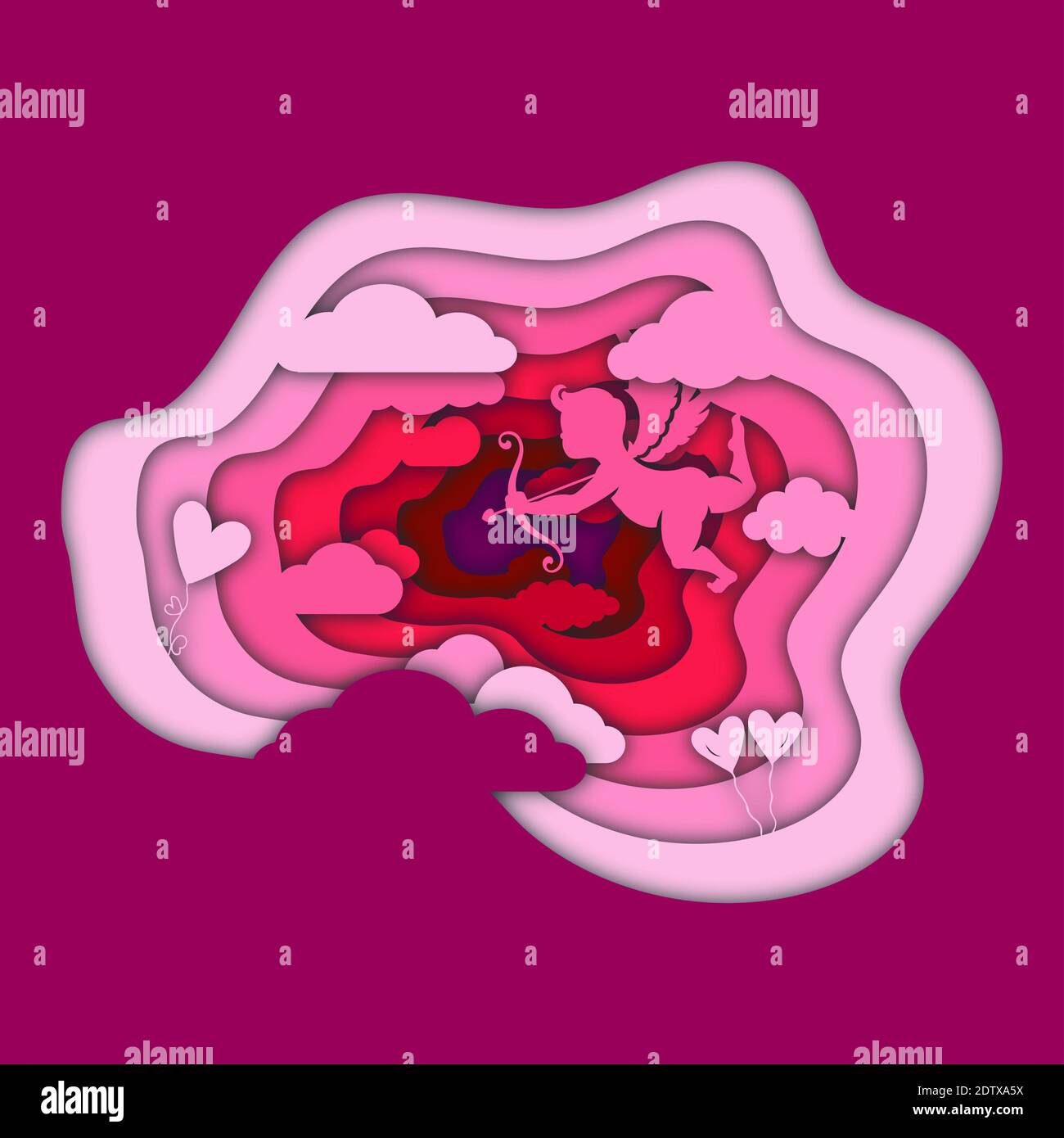 3D Paper cut of cupid in the cloud within layered heart. Romantic paper ...