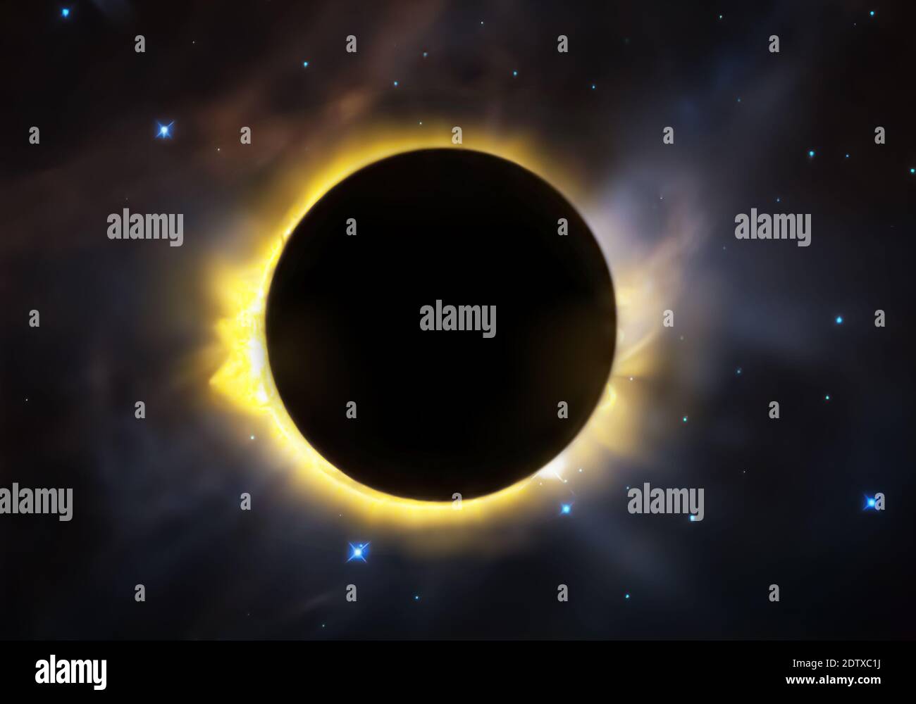 the total solar eclipse, view from outer space with stars of galaxy ...