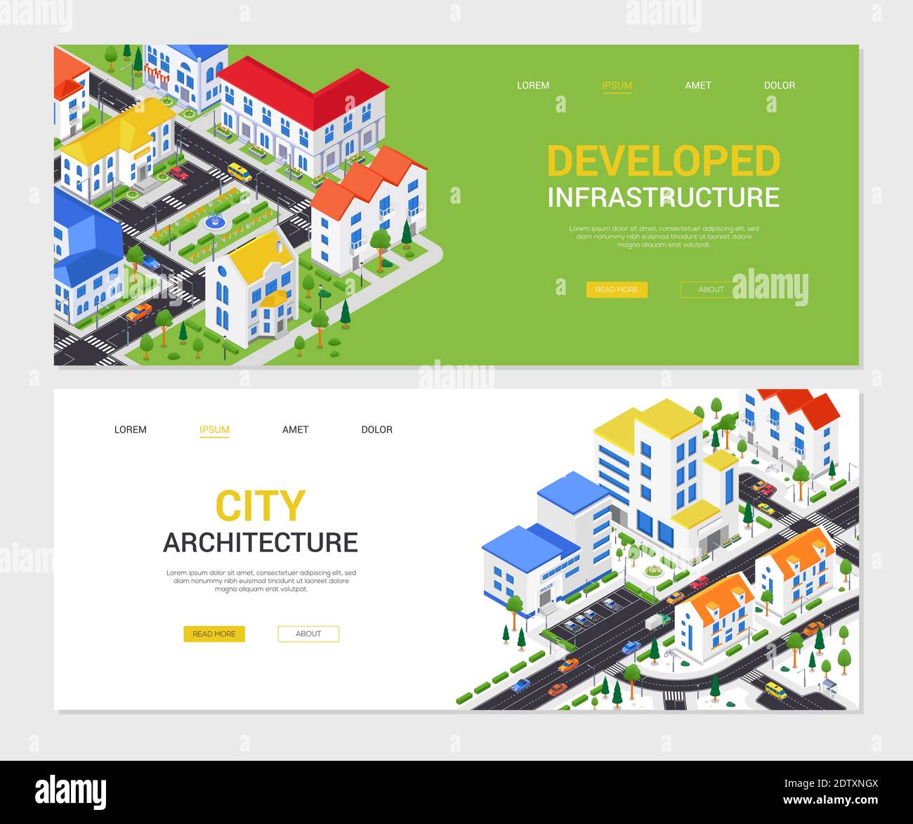 Developed infrastructure - set of modern colorful isometric web banners ...