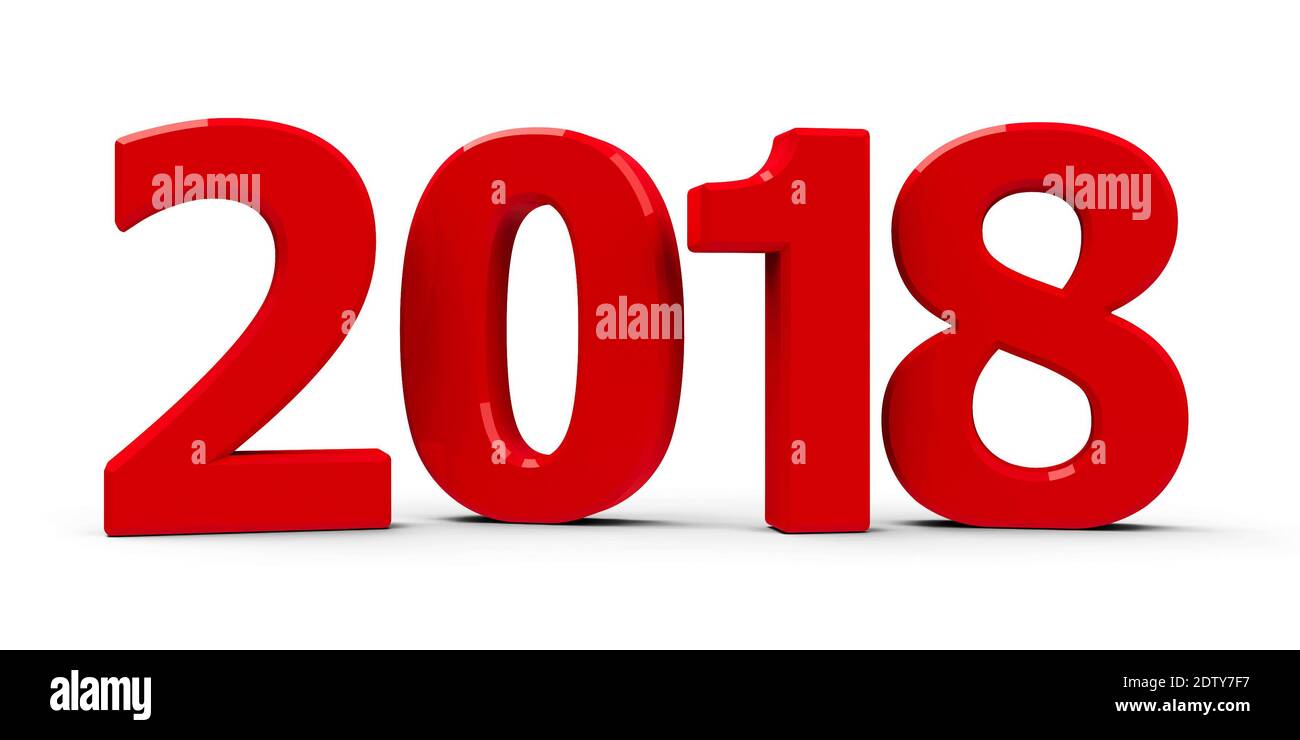 Red 2018 symbol, icon or button isolated on white background ...
