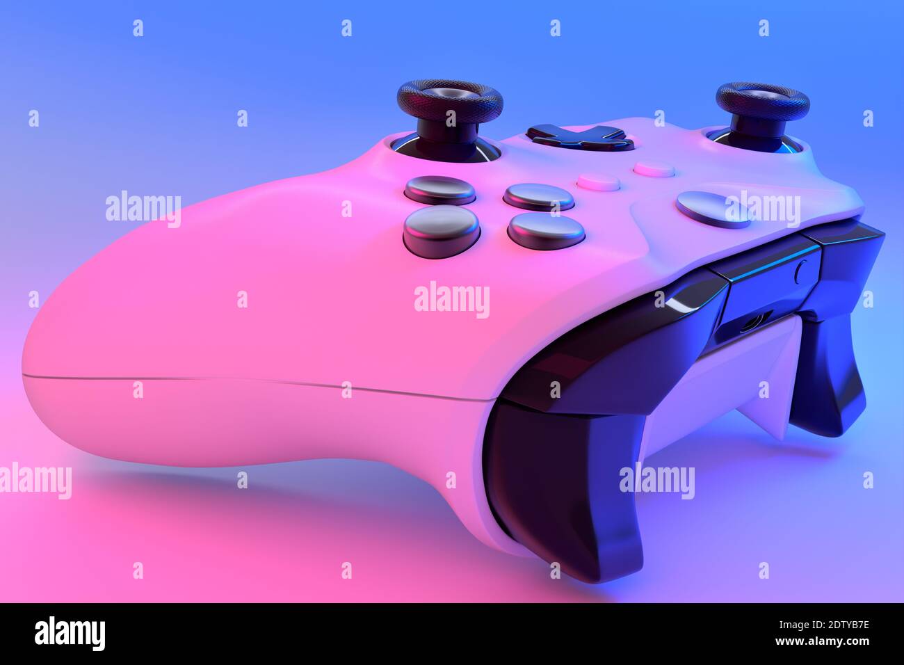 Realistic video game controller in neon lights on white table ...