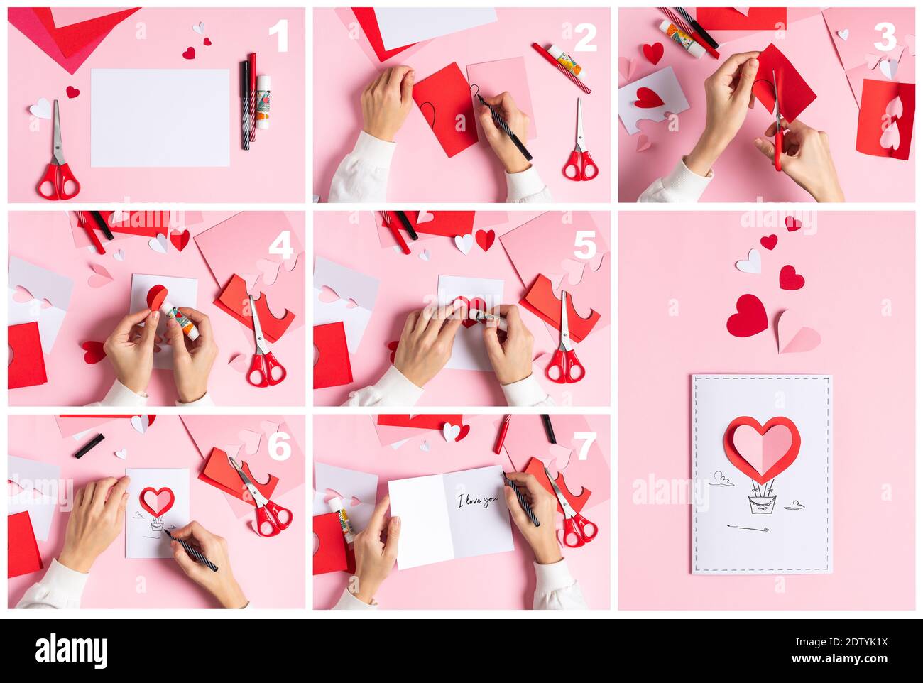 DIY Valentine greeting card, collage instruction step by step Stock ...