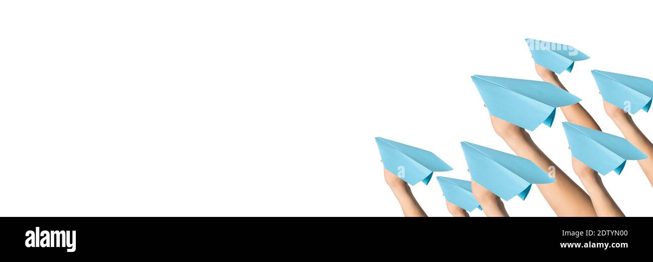 The hands throw upwards messages in the manner of paper airplanes Stock ...