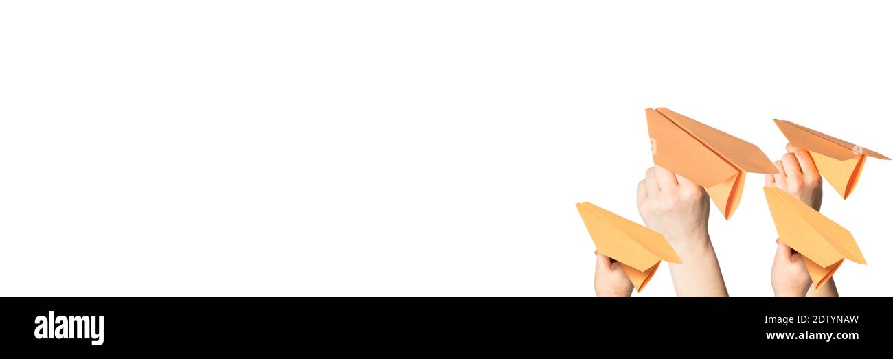 The hands throw upwards messages in the manner of paper airplanes Stock ...