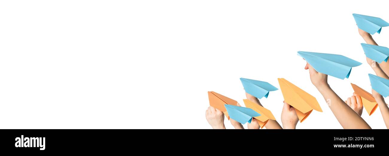 The hands throw upwards messages in the manner of paper airplanes Stock ...