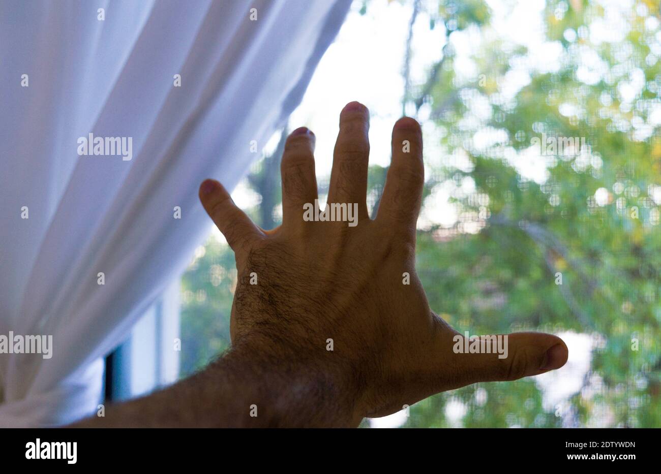 A hand showing towards the window Stock Photo - Alamy