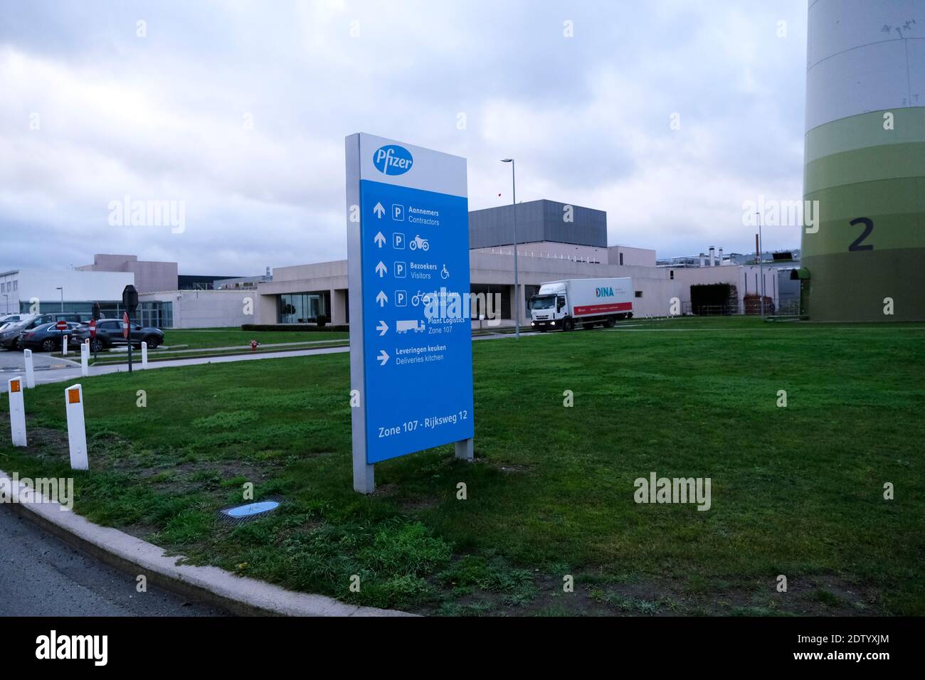 Puurs, Belgium. 22nd Dec, 2020. A truck drives at the Pfizer plant ...