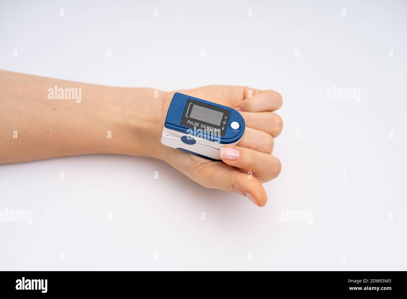 Fingertip Pulse Oximeter on finger. On white background. Device for ...