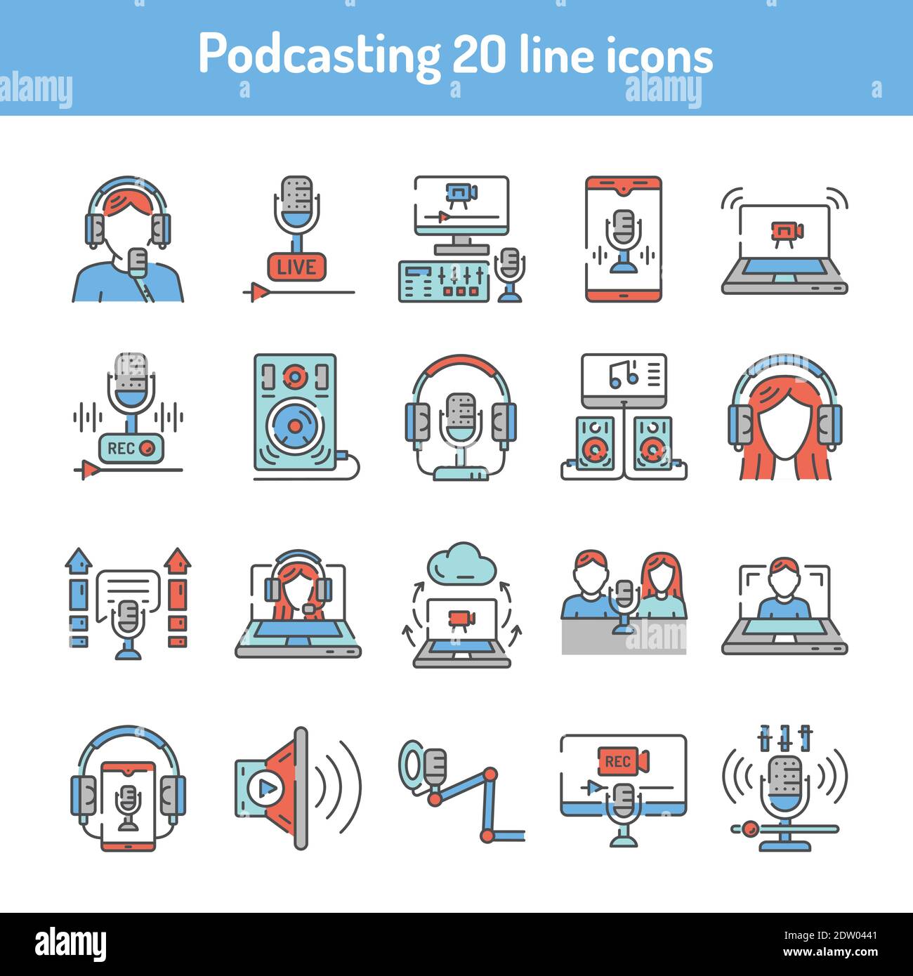 Podcasting color line icons set. Pictograms for web page Stock Vector ...