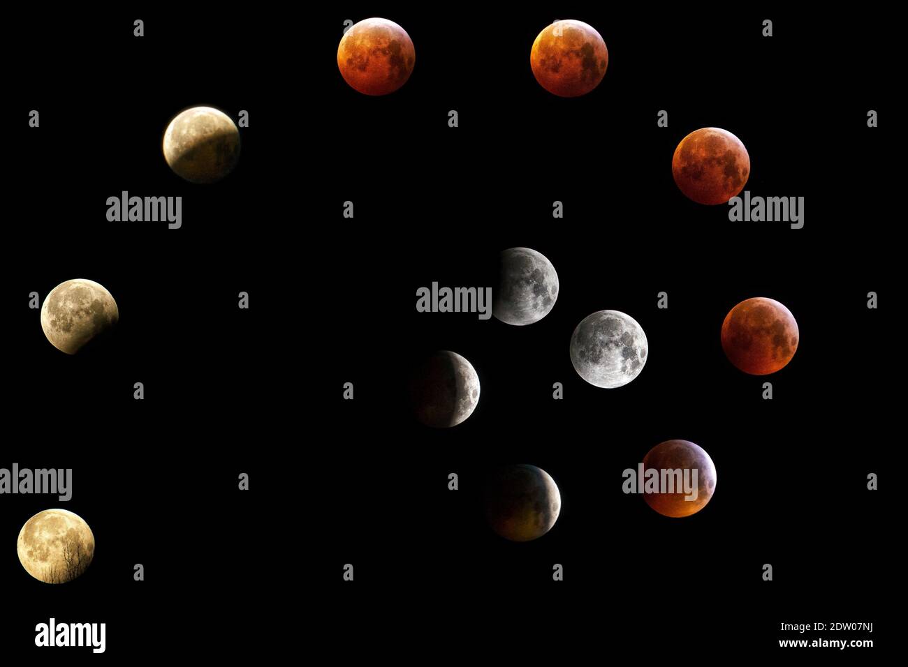 Composite image of lunar eclipse showing progressive phases in silver ...