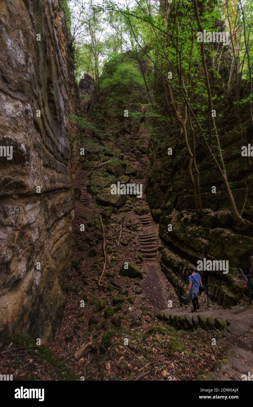 Hiking trail through rocky canyon in forest near Echternach Stock Photo ...