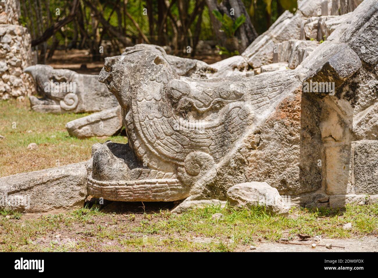 Stone steps and feathered serpent heads on Osario pyramid (High Priest ...