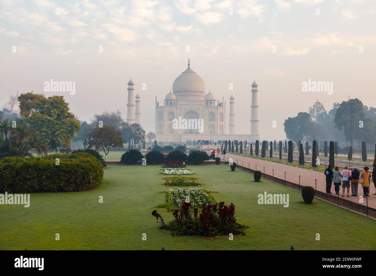 Early morning misty view of the iconic Taj Mahal, a white marble ...