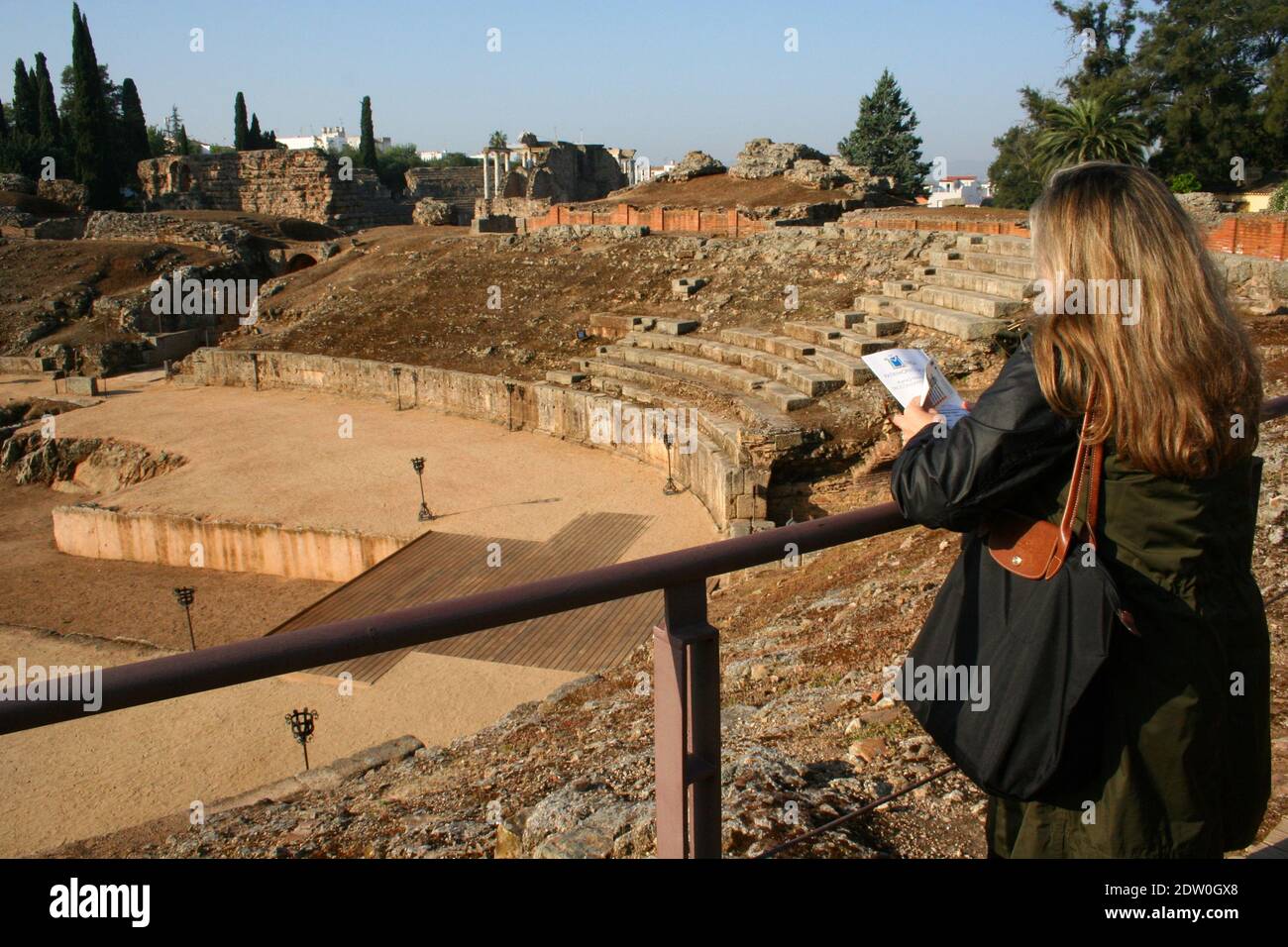 Roman ruins at the Roman open air amphitheatre in strong sunlight with ...