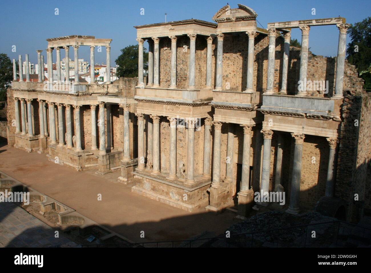 Roman ruins at the Roman open air theatre in strong sunlight against ...