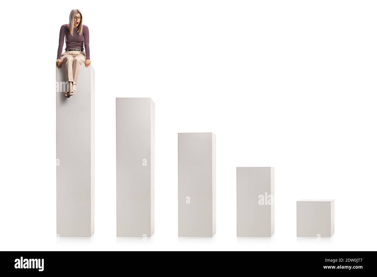 Scared young woman sitting on the tallest white column and looking down ...