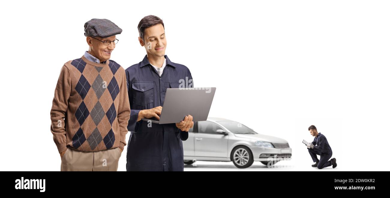 Elderly customer with a silver car and a mechanic with a laptop ...