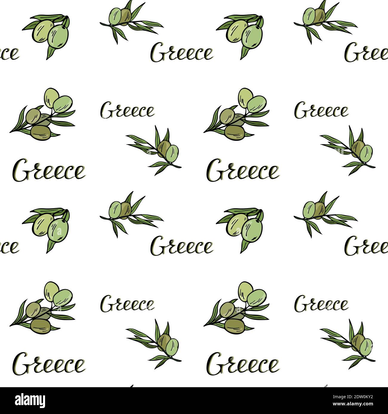 Seamless pattern from branches of olives and the inscriptions of greece ...