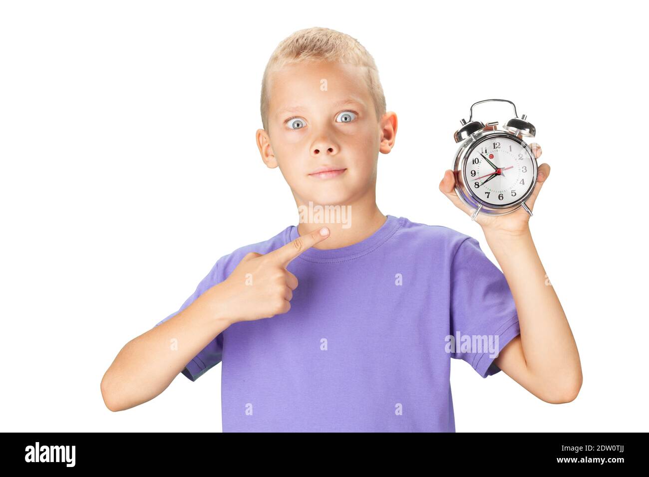 School boy showing alarm clock. Isolated on white background Stock ...