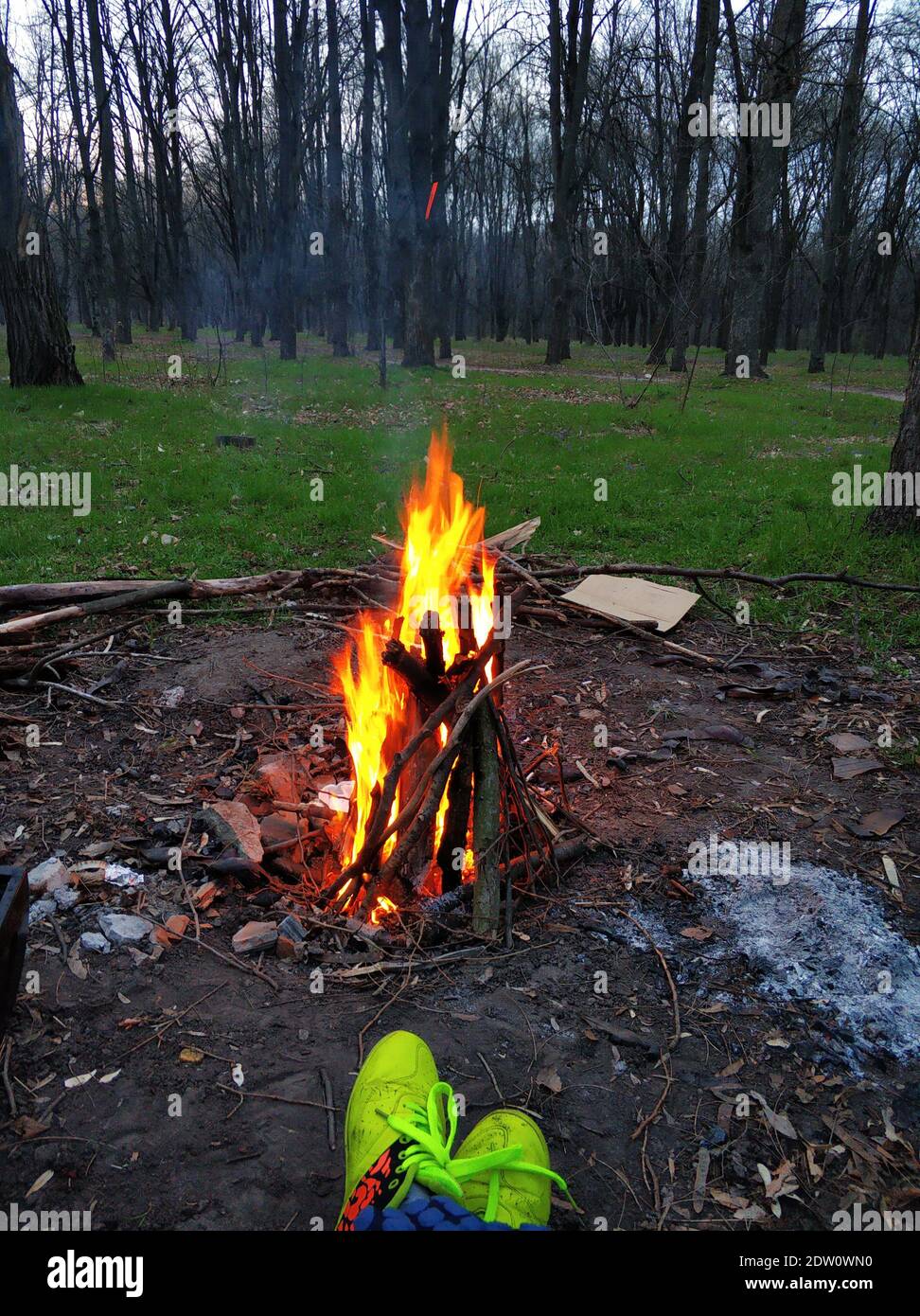 Campfire in the woods. Outdoor recreation Stock Photo - Alamy