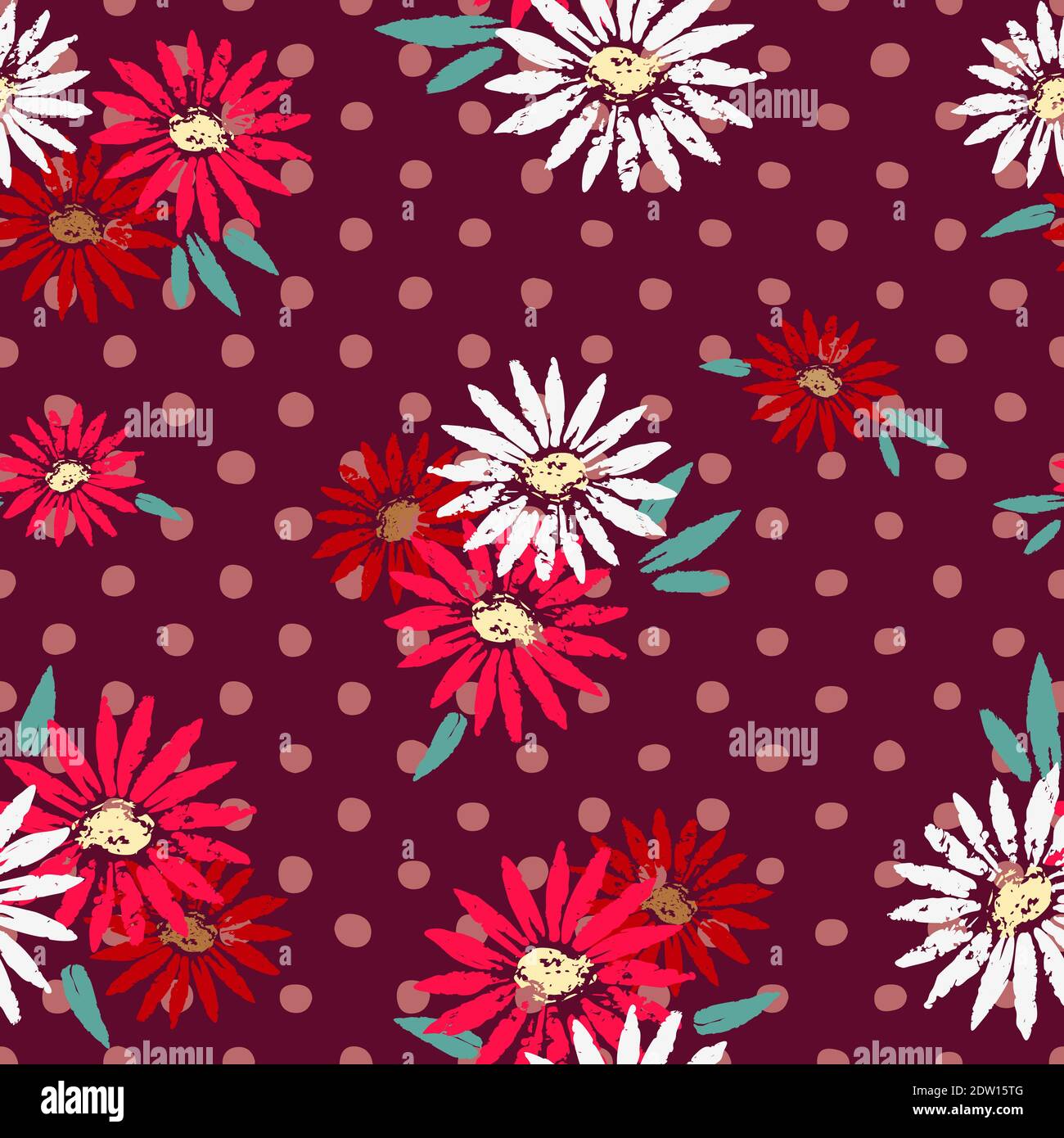 Daisy Flower Polka Dots hand drawn seamless vector pattern Stock Vector ...