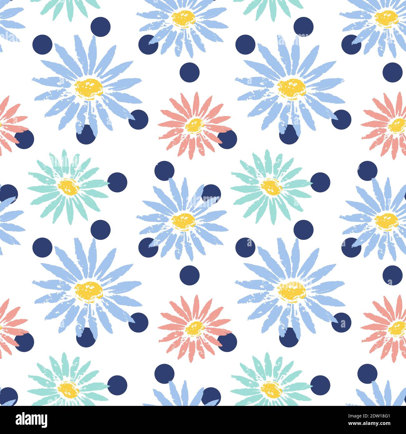 Daisy Flower Polka Dots hand drawn seamless vector pattern Stock Vector ...