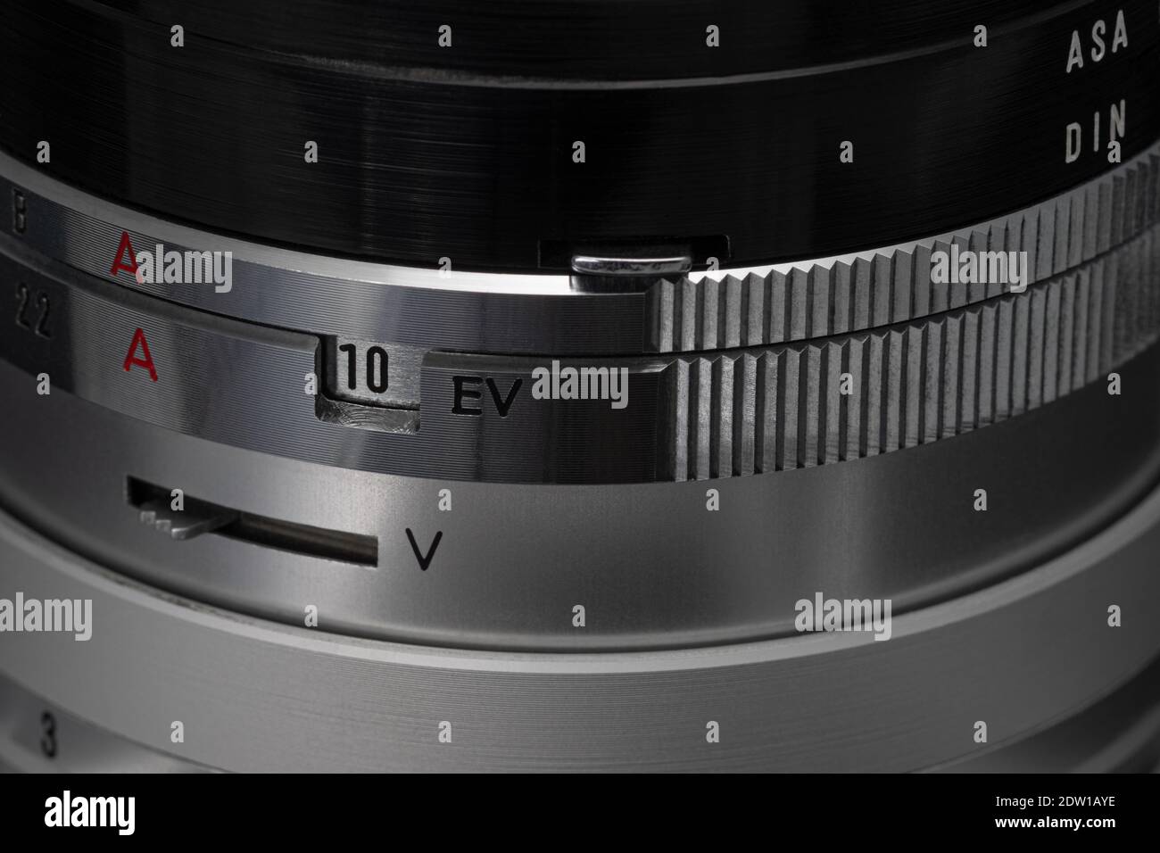 Film camera detail, exposure values and self timer lever Stock Photo ...