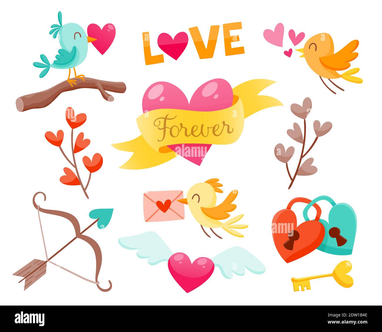 Set of cute Valentine day elements. Birds fall in love, hearts, love ...