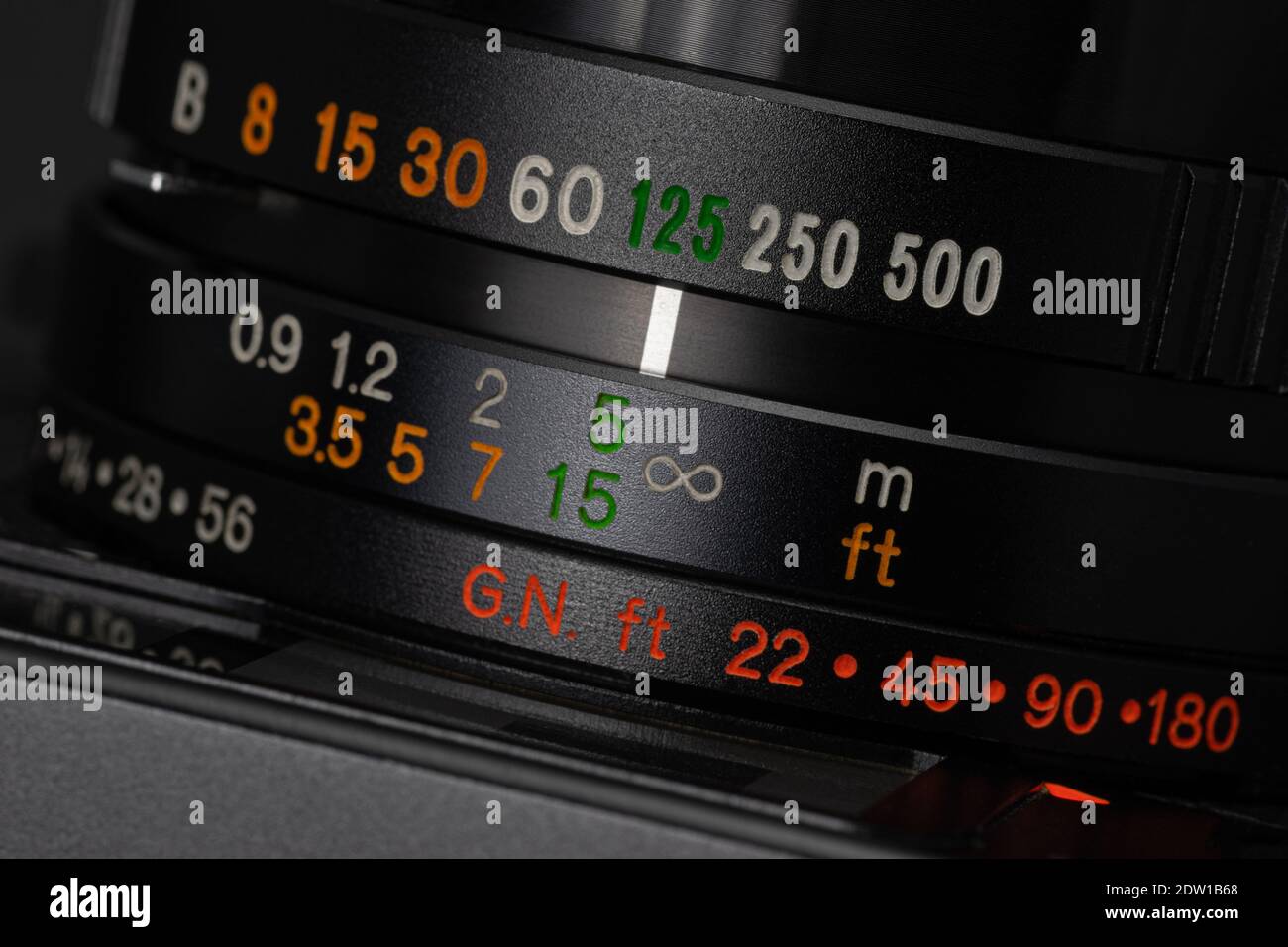 Shutter speed and focus distance values on a vintage film camera Stock ...