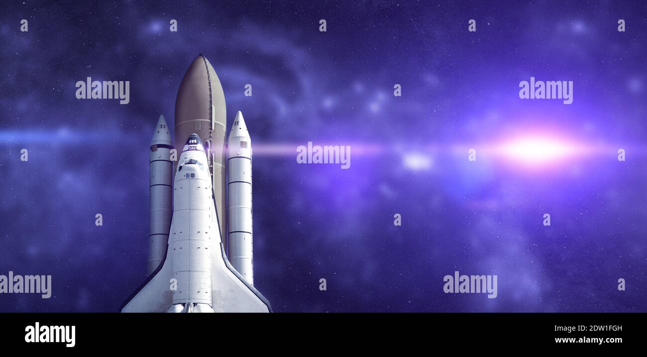 the abstract intergalactic spaceship shuttle fly to the stars in outer ...