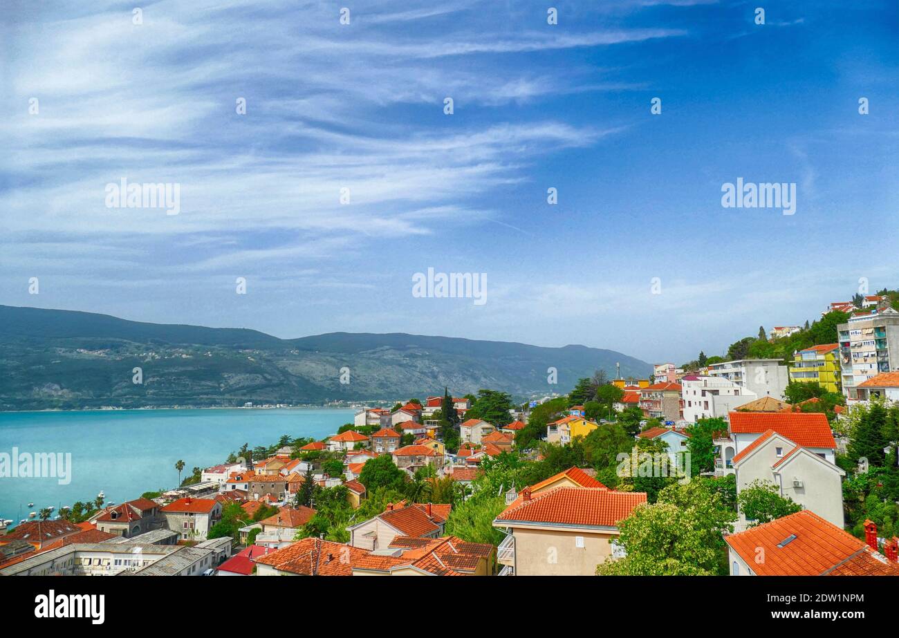 Aerial view of town from Kanli Kula Fortress,Herceg Novi, Montenegro ...