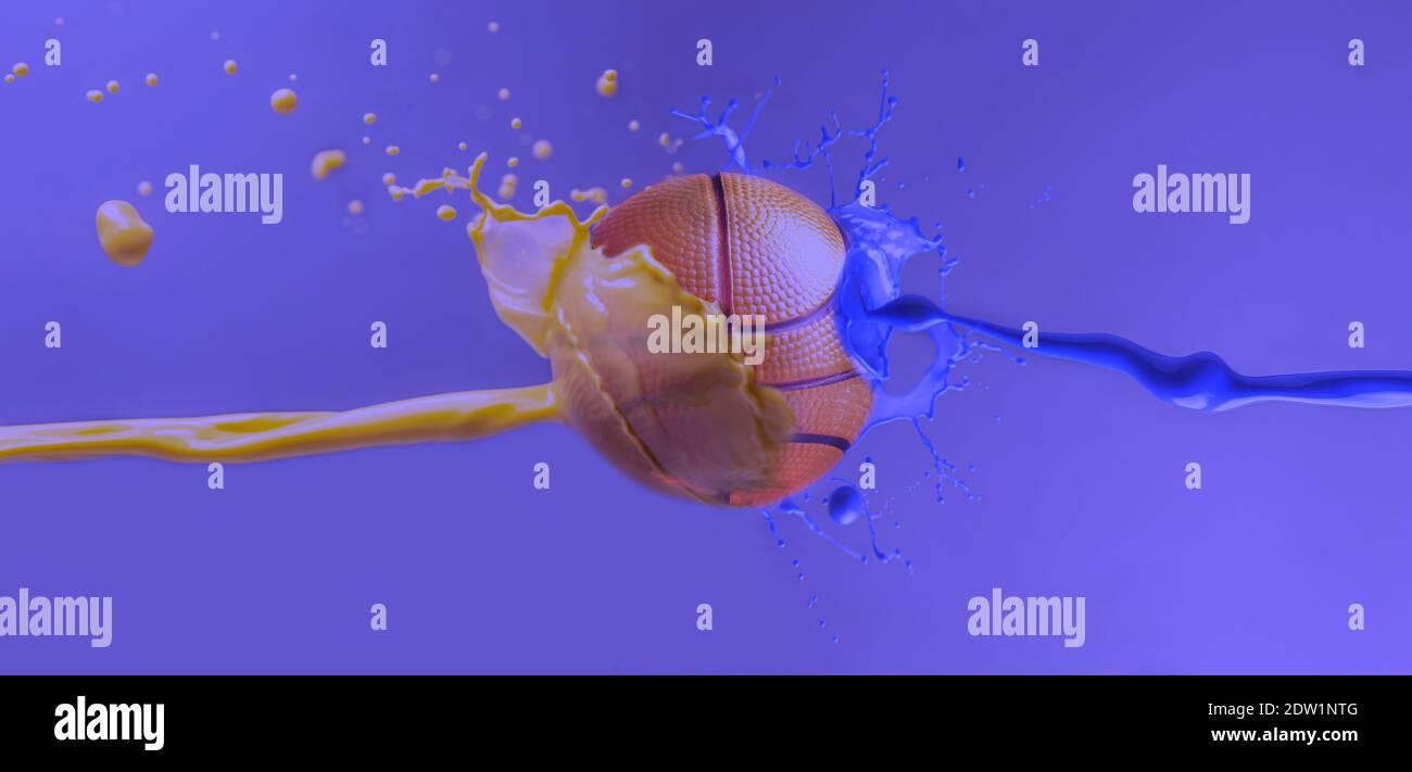 Basketball ball with yellow and blue paint splashes Stock Photo - Alamy