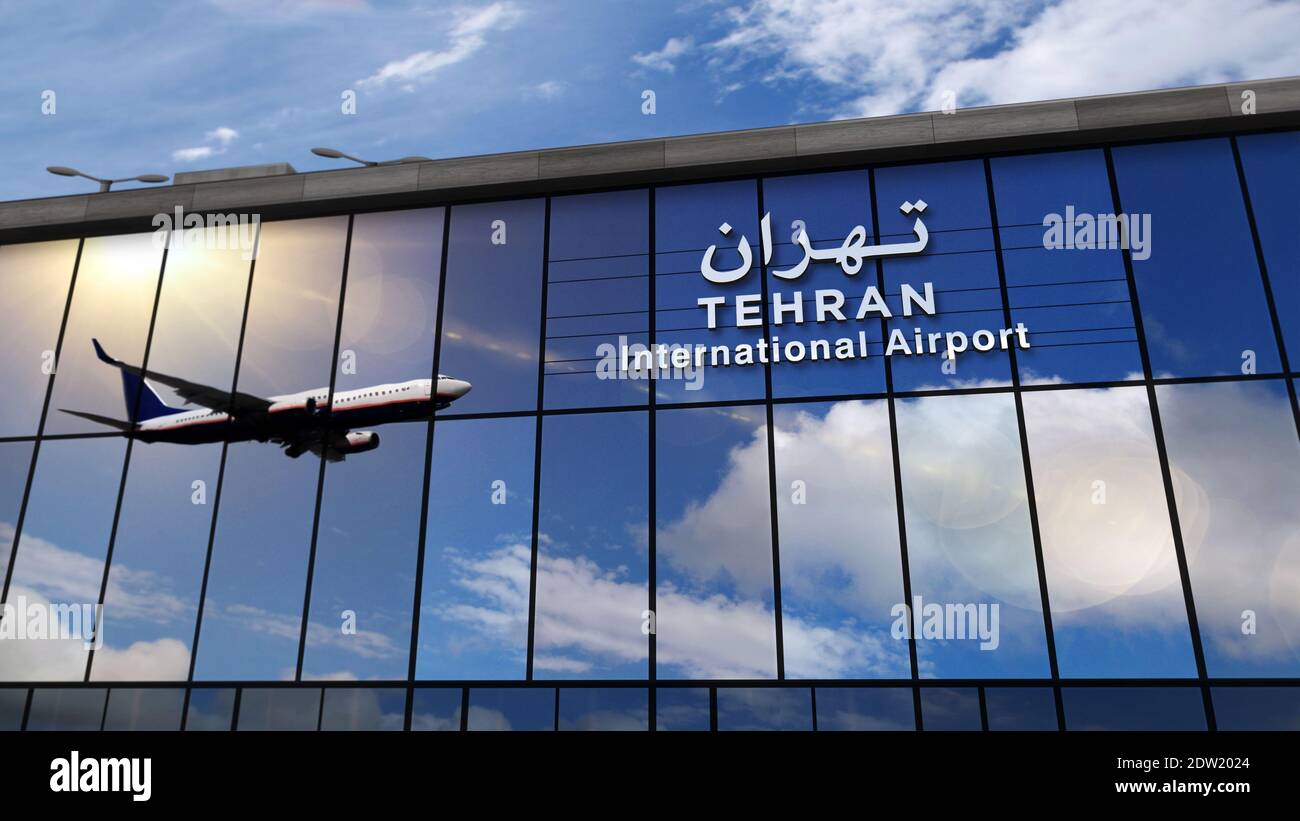 Jet aircraft landing at Tehran, Iran 3D rendering illustration. Arrival ...