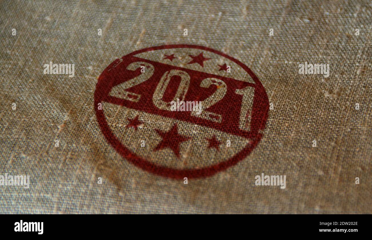 2021 year stamp printed on linen sack abstract concept Stock Photo - Alamy