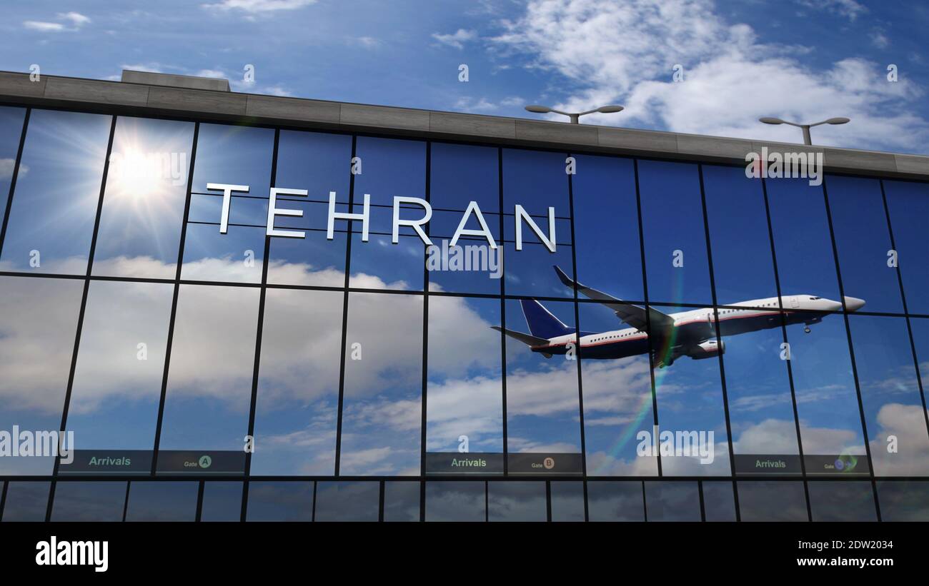 Jet aircraft landing at Tehran, Iran 3D rendering illustration. Arrival ...
