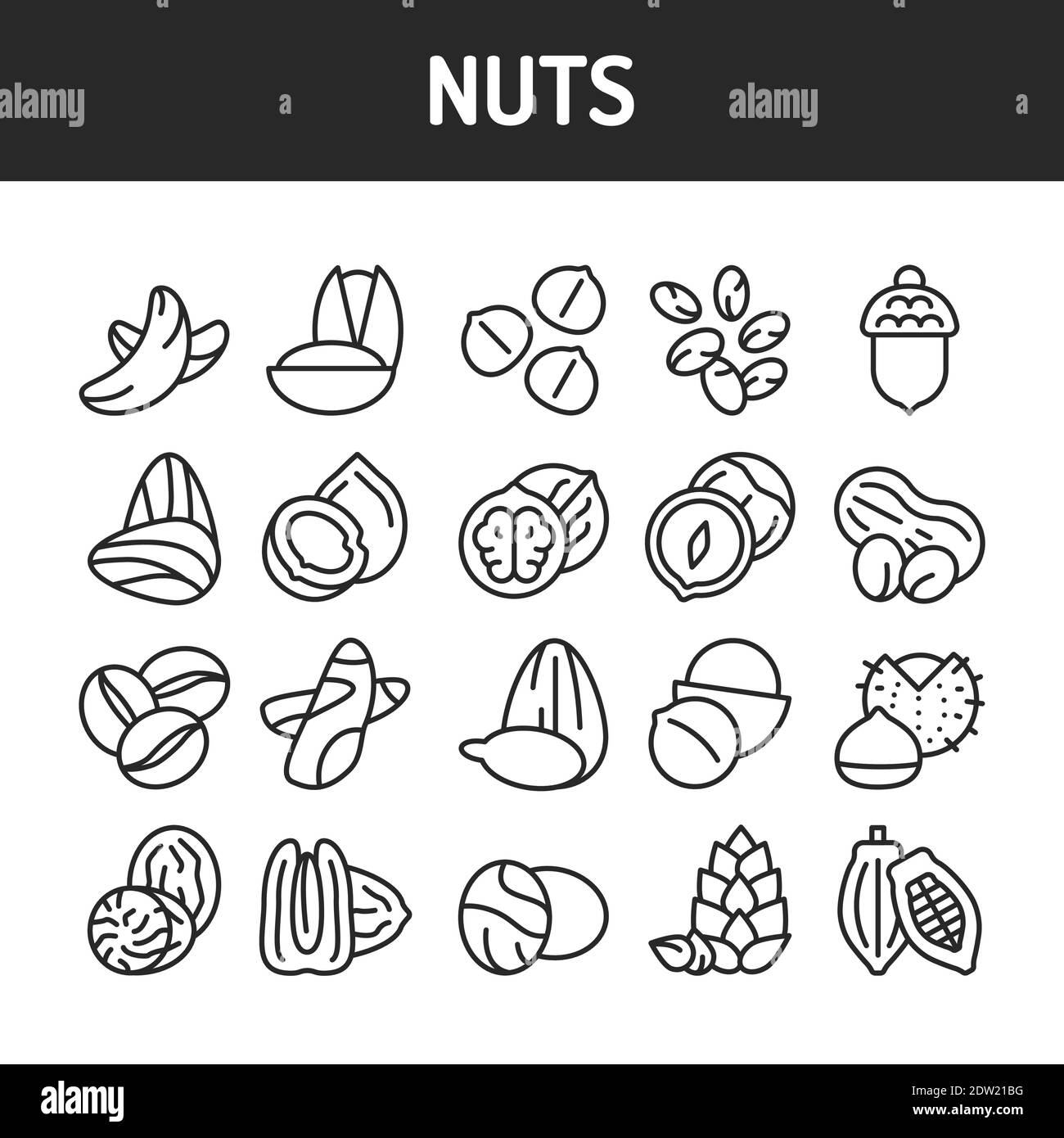 Nuts and seeds black line icons set. Isolated vector element. Outline ...