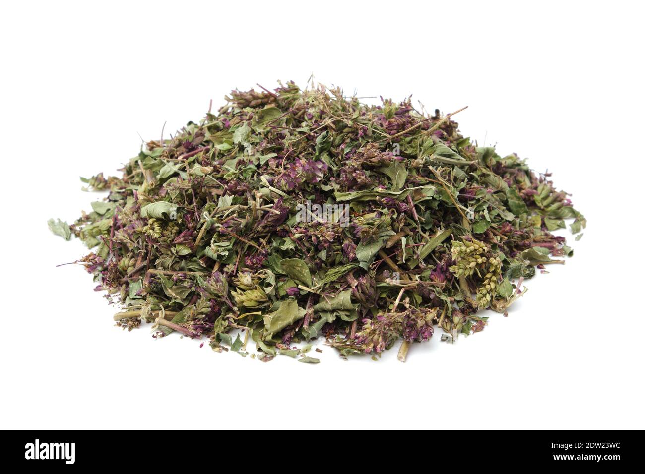 Pile of dry Origanum vulgare flowers. Dried wild marjoram heap on white ...