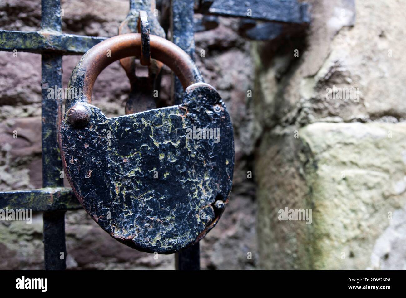 Medieval padlock on the iron gate. Doune Castle in the central Scotland ...