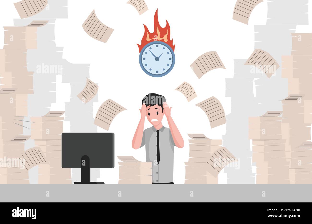Deadline, stress at work vector flat illustration. Male manager sitting ...