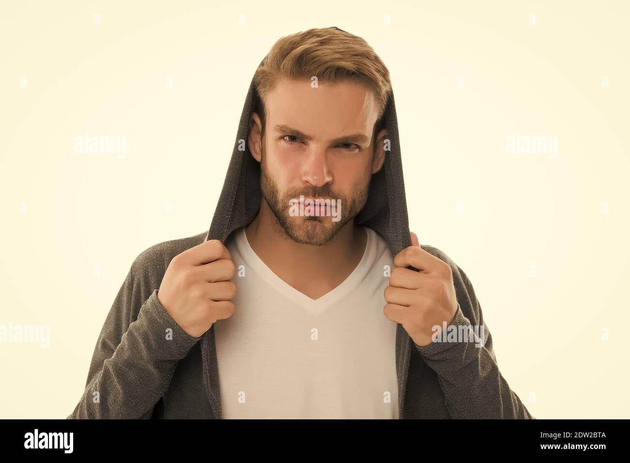 Hooded and unshaven. Unshaven guy isolated on white. Unshaven look of ...