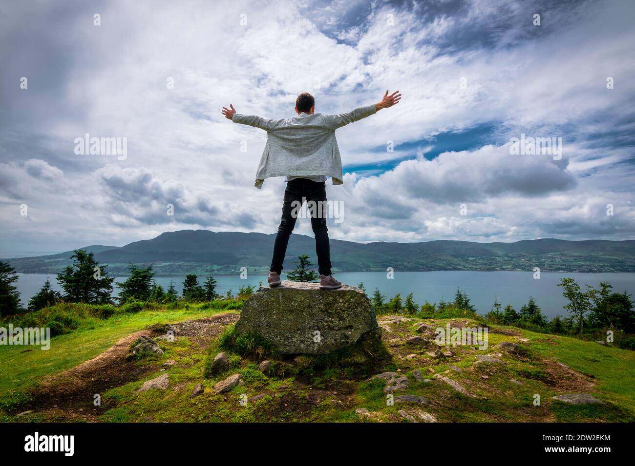 The man enjoying beautiful view from high-up, Atlantic ocean, mountains ...