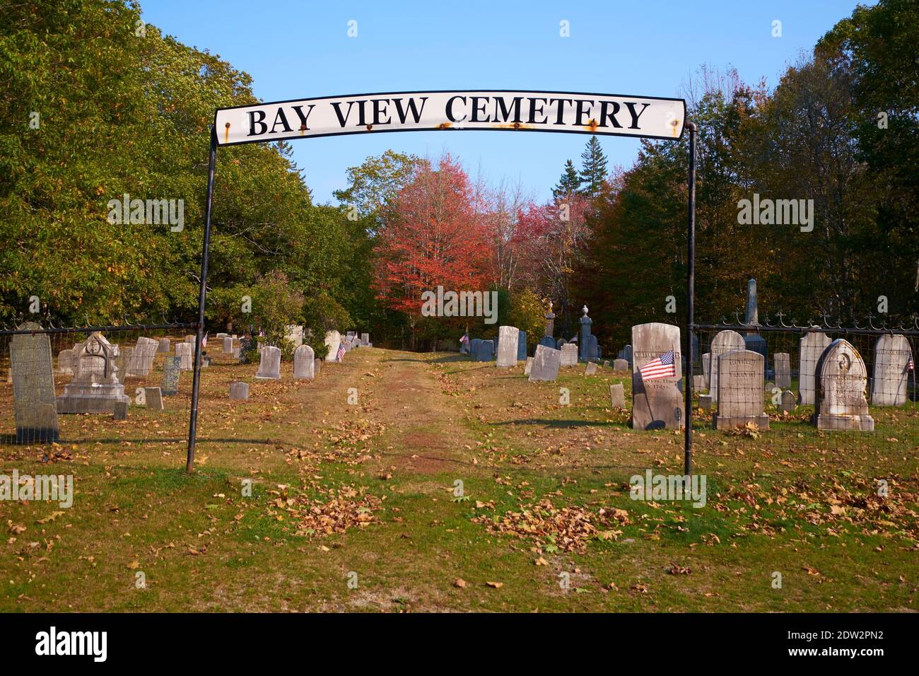 The entrance sign to the small, rural, country, local Bay View Cemetery ...