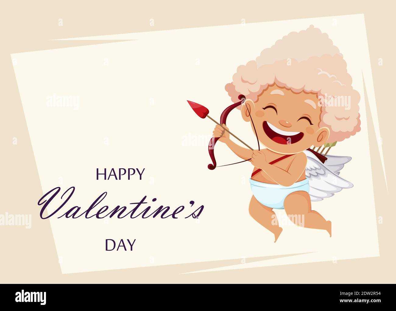 Happy Valentines day greeting card with cute funny Cupid Angel shooting ...