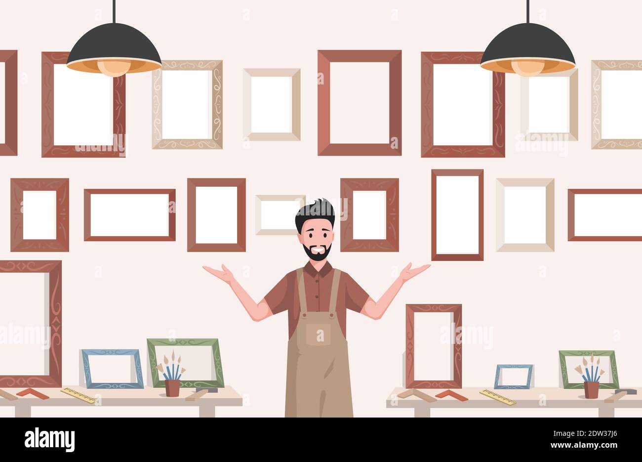 Young smiling man in apron selling frames for paintings vector flat ...