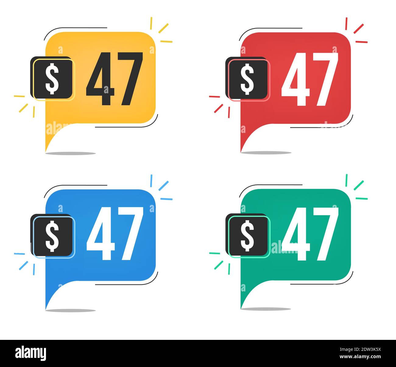 47 dollar price. Yellow, red, blue and green currency tags with speech ...