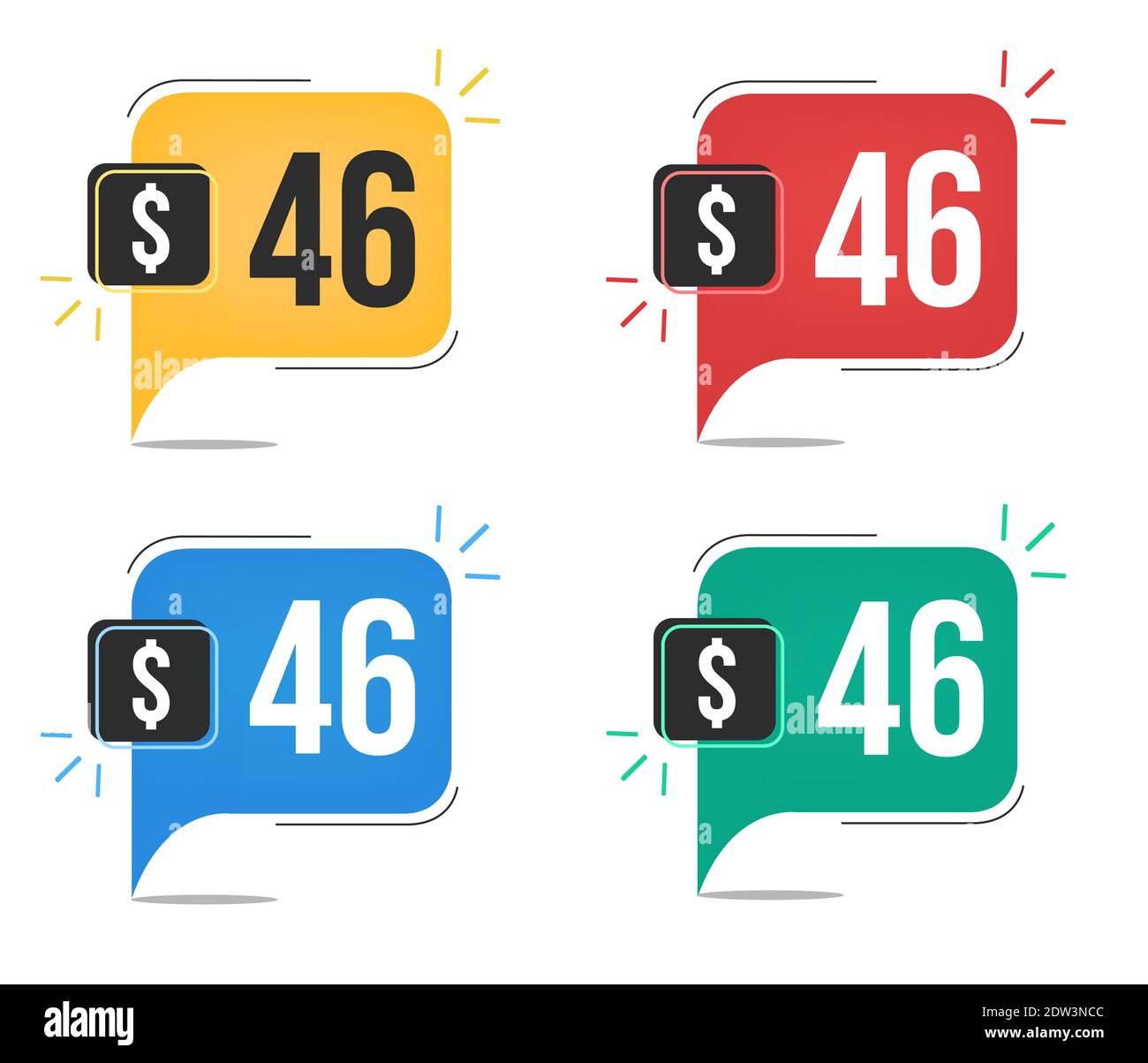 46 dollar price. Yellow, red, blue and green currency tags with speech ...