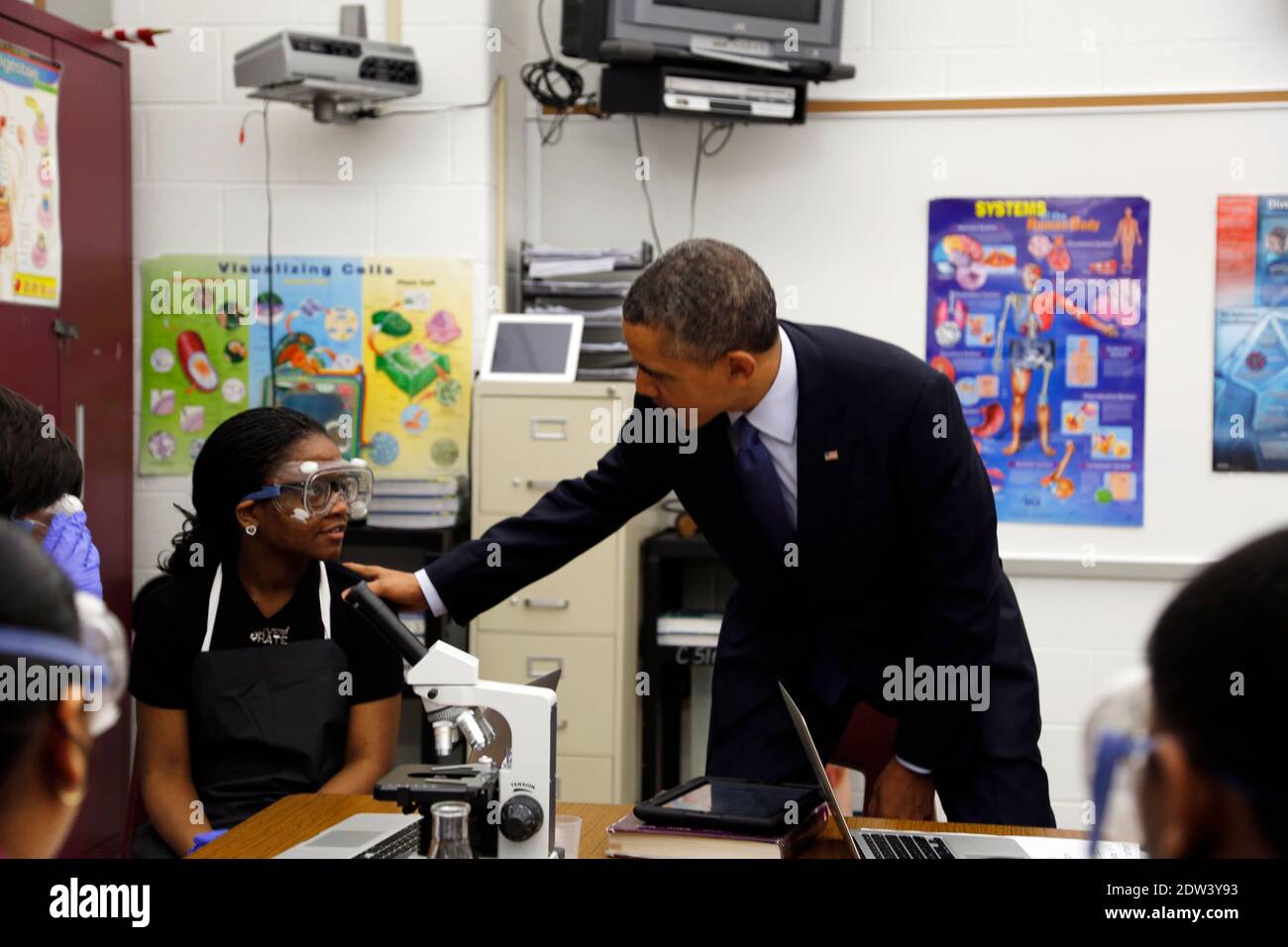US President Barack Obama visits a 10th grade Microbiology class at ...