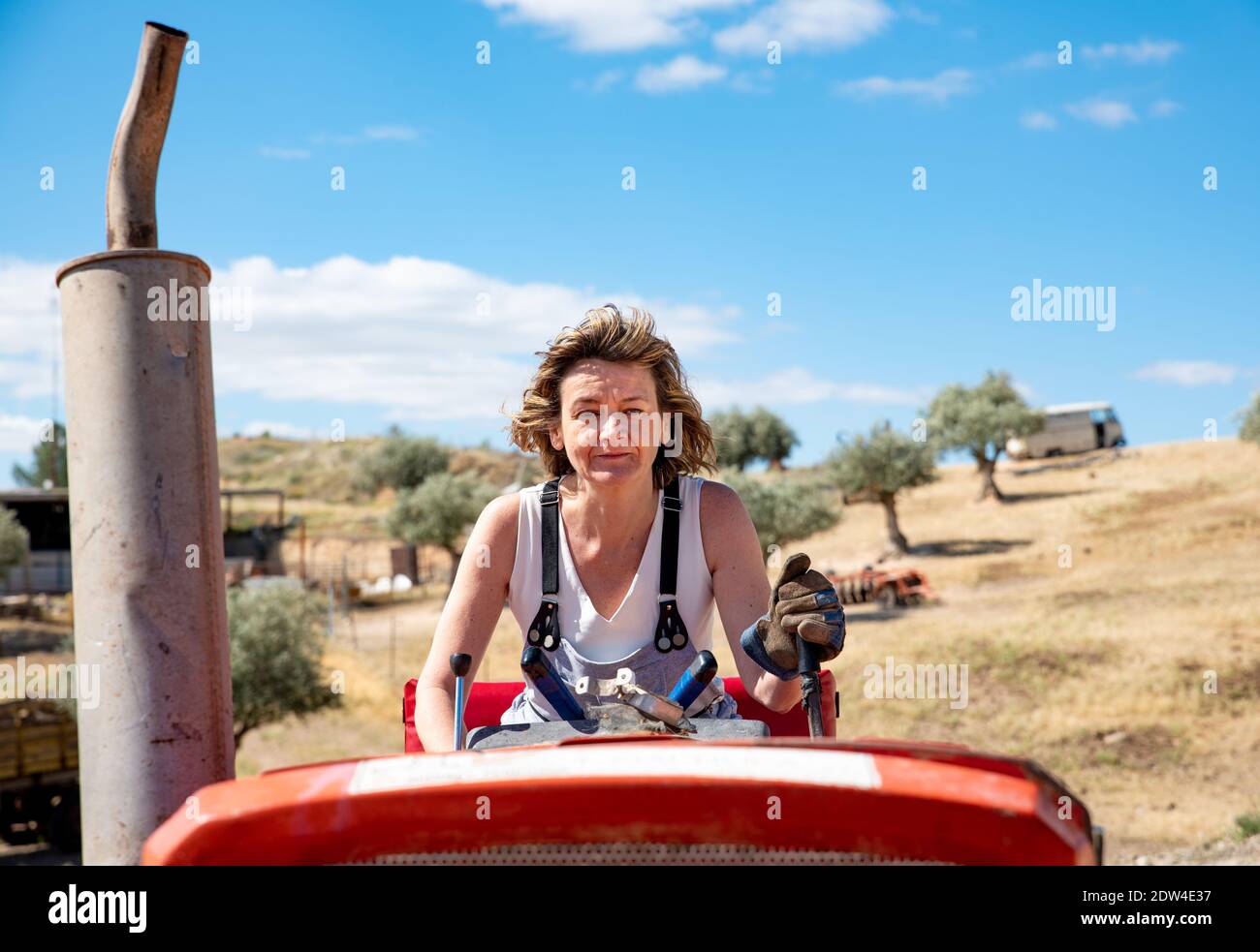 Woman farmer driving a tractor Stock Photo - Alamy