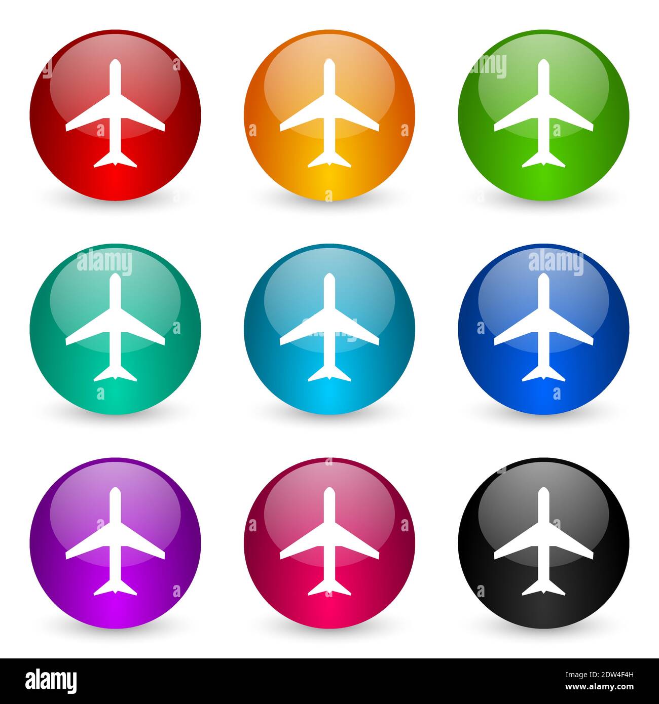 Plane, flight, airplane vector icons, set of colorful glossy 3d ...